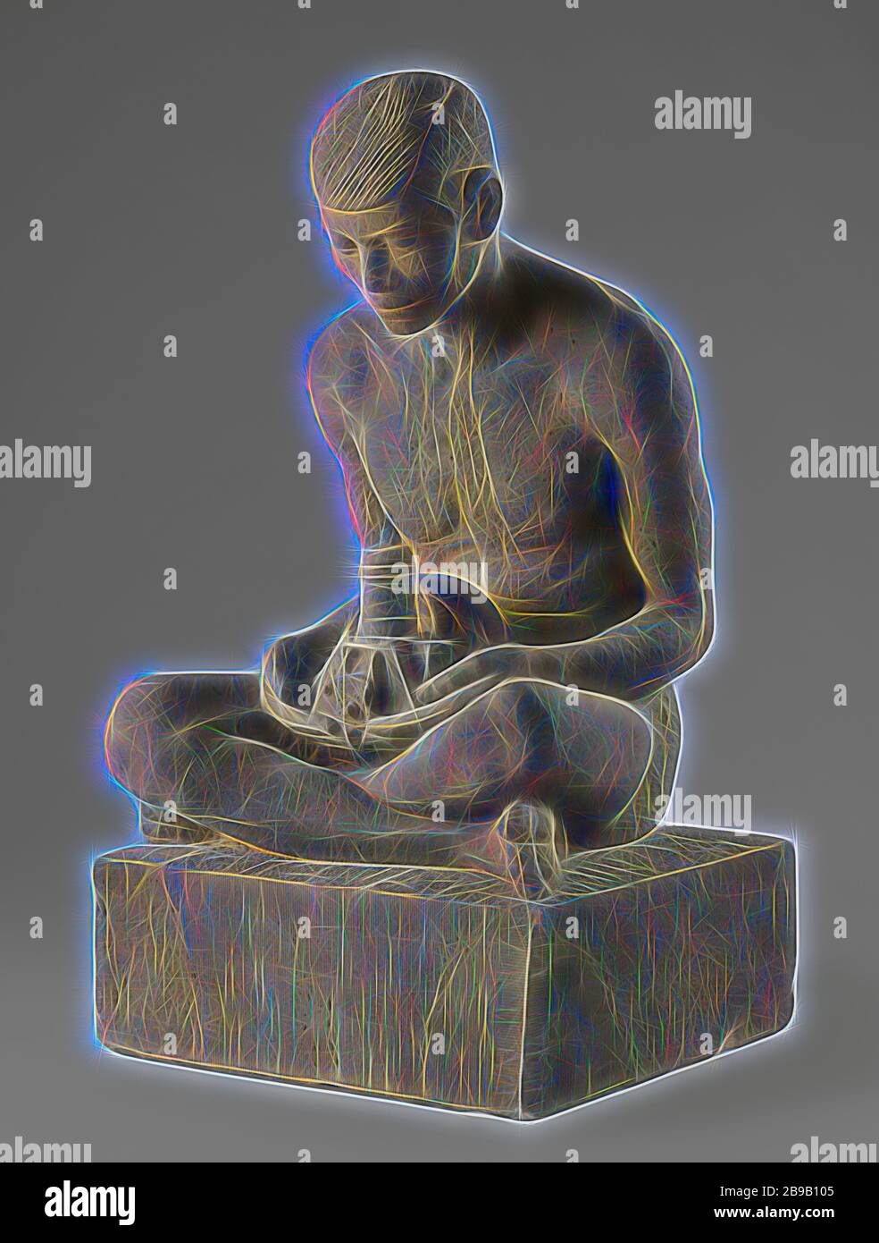 Man and Machine, Gray stone statue of a Javanese boy sitting cross ...