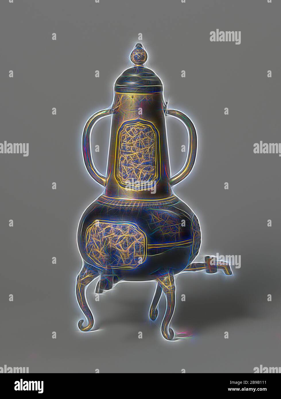 Coffee urn, Large tap jug made of partly black enamelled and partly ...