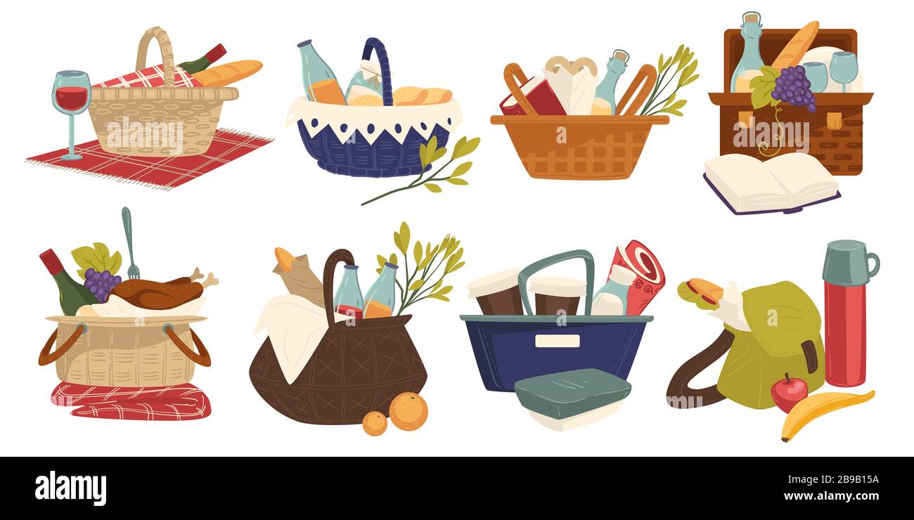 Wicker baskets with food and drinks, picnic blanket, outdoor dining ...