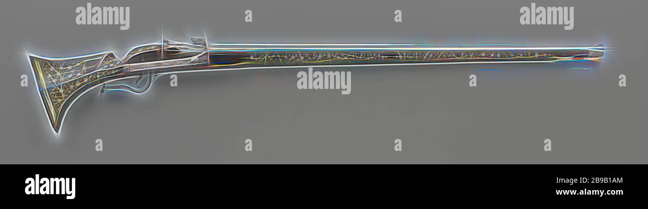 Matchlock caliver, The rectangular lock plate is cut with groups of ...