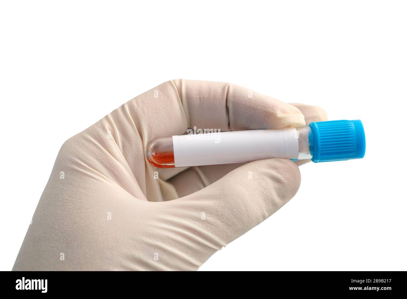 Hand with an empty test tube on a white background. blank label for ...