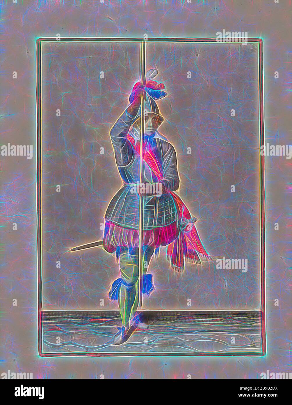 Soldier, seen from the front, holding his skewer upright with both ...