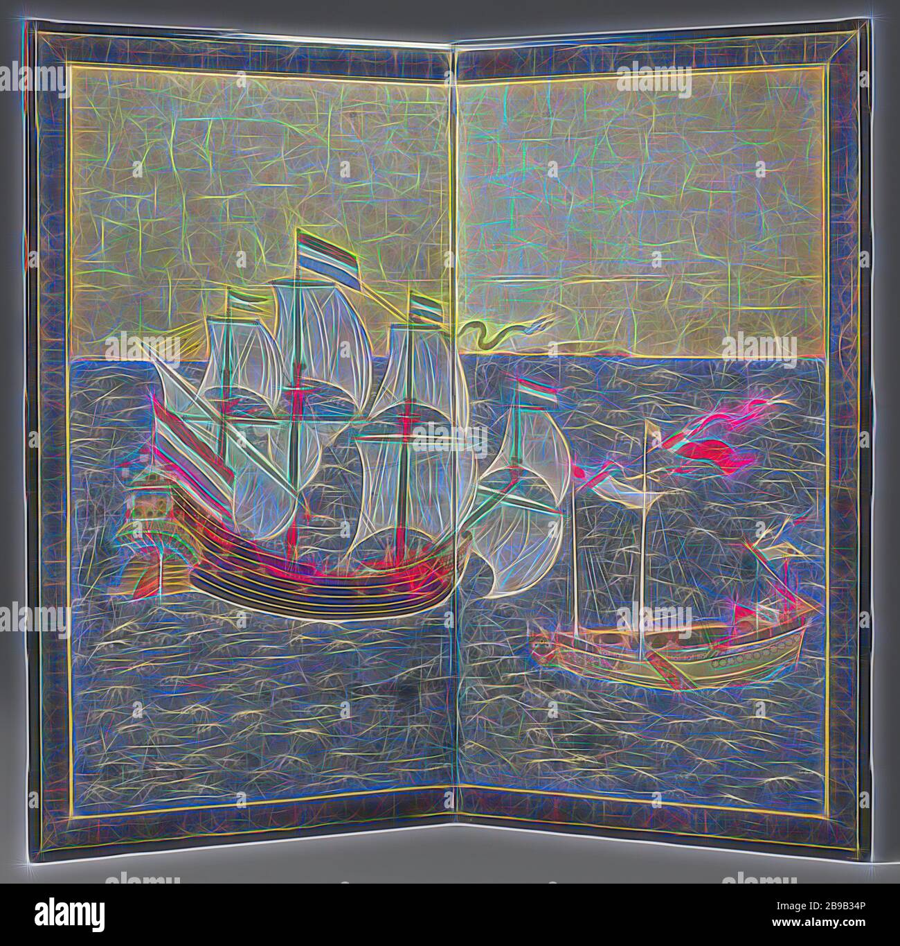 Japanese screen, Presentation screen: a blue sea with white, stylized ...