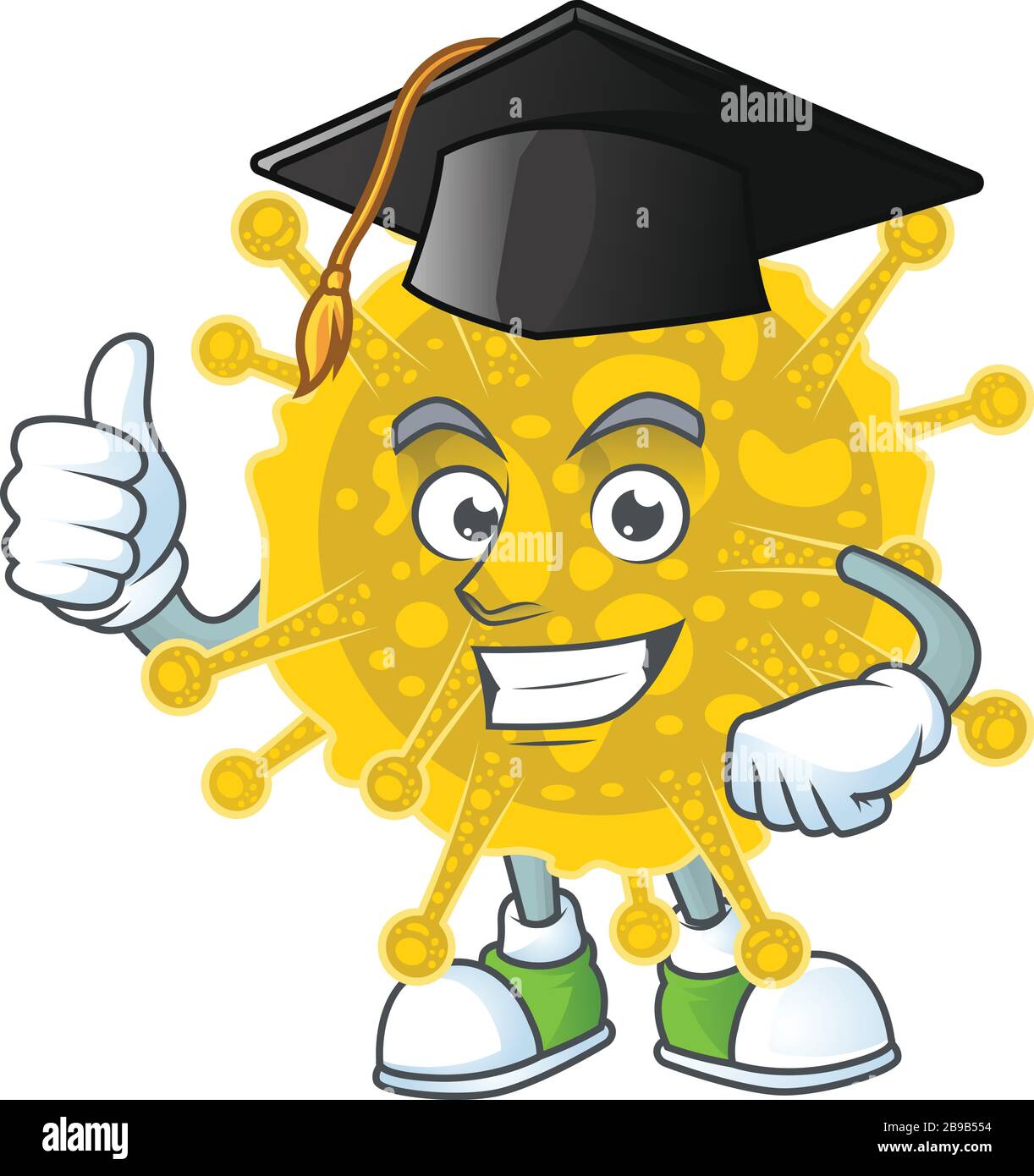 Happy face of coronavirus pandemic in black graduation hat for the ...