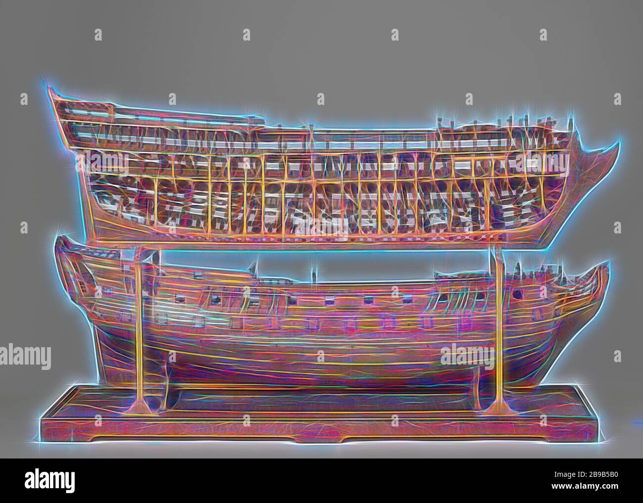 Model of a 54-Gun Ship, Construction model of the hull, cut lengthwise ...