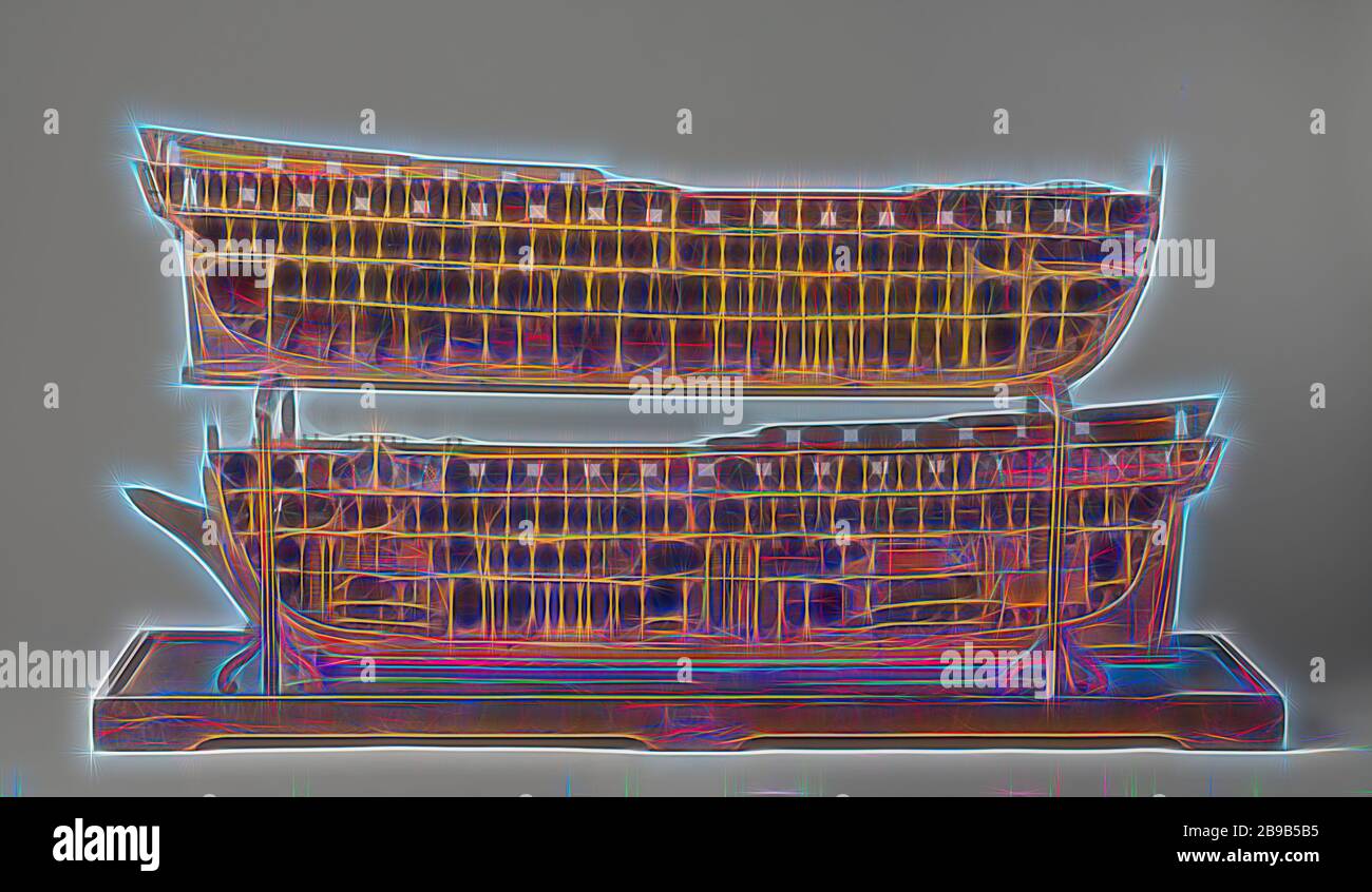Model of a 90-Gun Ship, Truss model of the hull, cut lengthwise and the ...