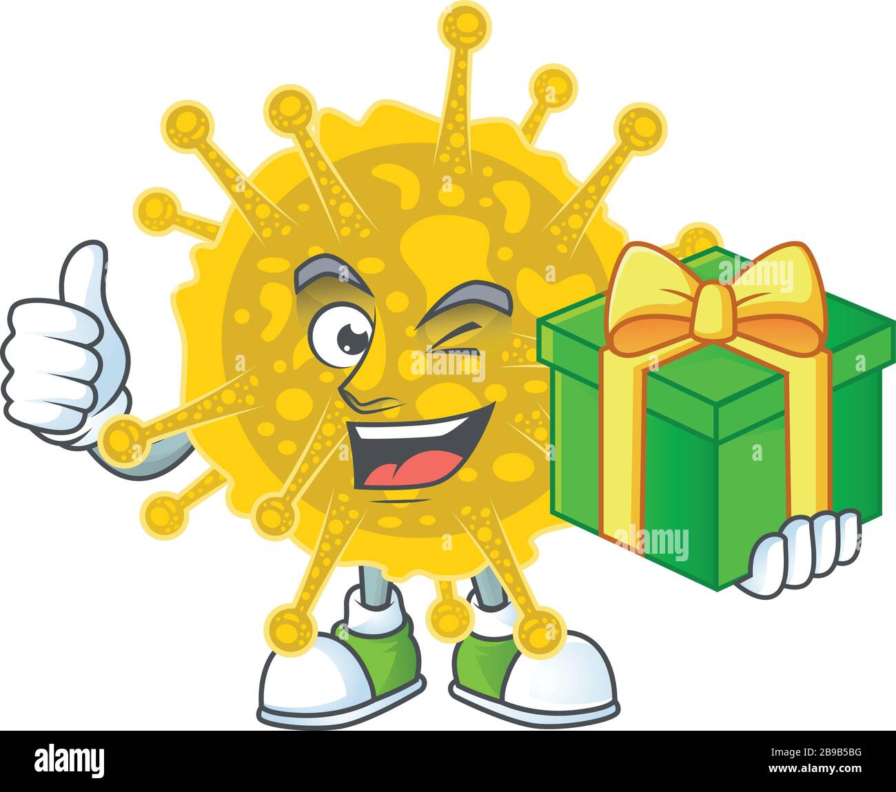 Cheerful coronavirus pandemic cartoon character holding a gift box ...