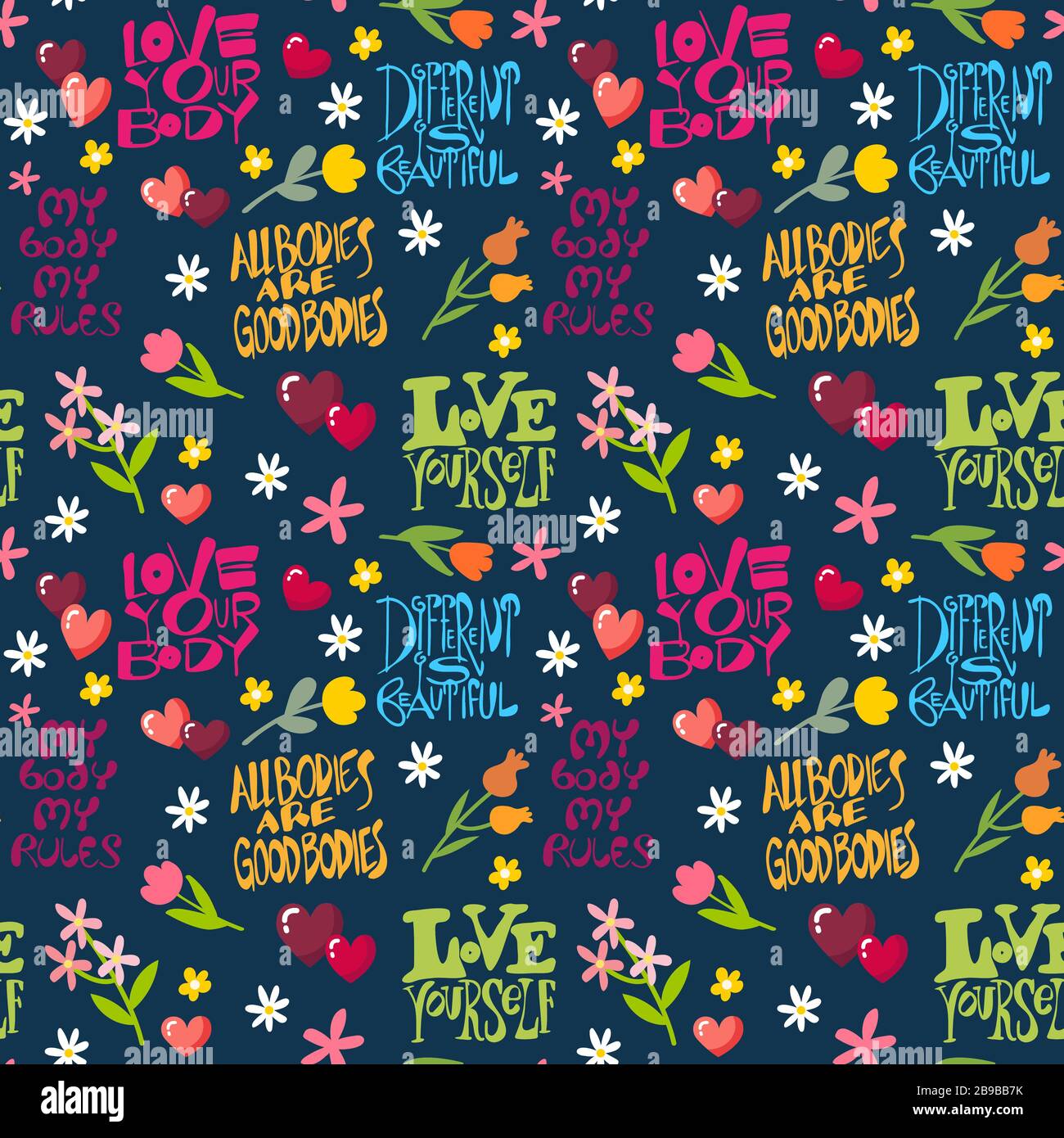 Body positive seamless pattern with inspired quotes, lettering Stock ...