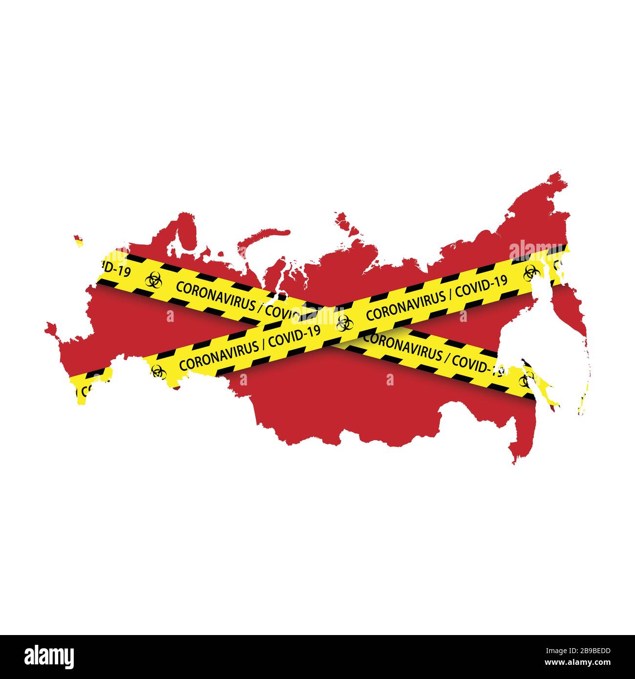 Map of Russia with warning quarantine yellow tape. Danger coronavirus ...
