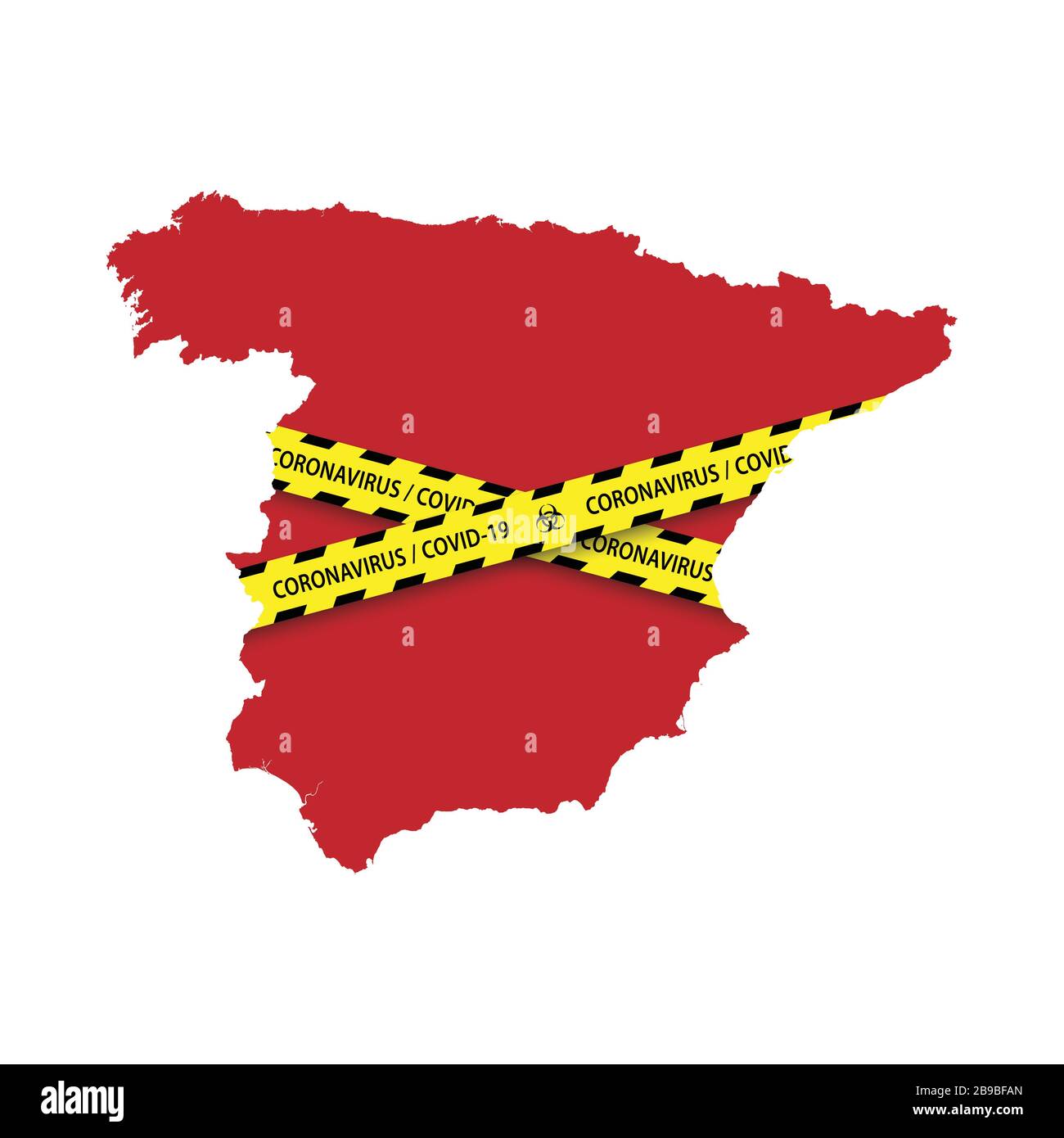 Map of Spain with warning quarantine yellow tape. Danger coronavirus ...