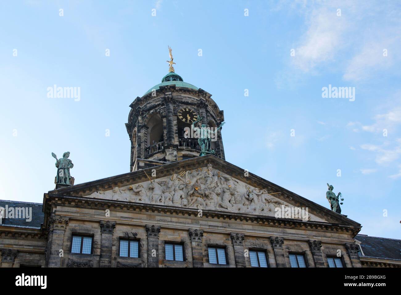 View of the top of The Royal Palace Amsterdam at the Dam Square in ...