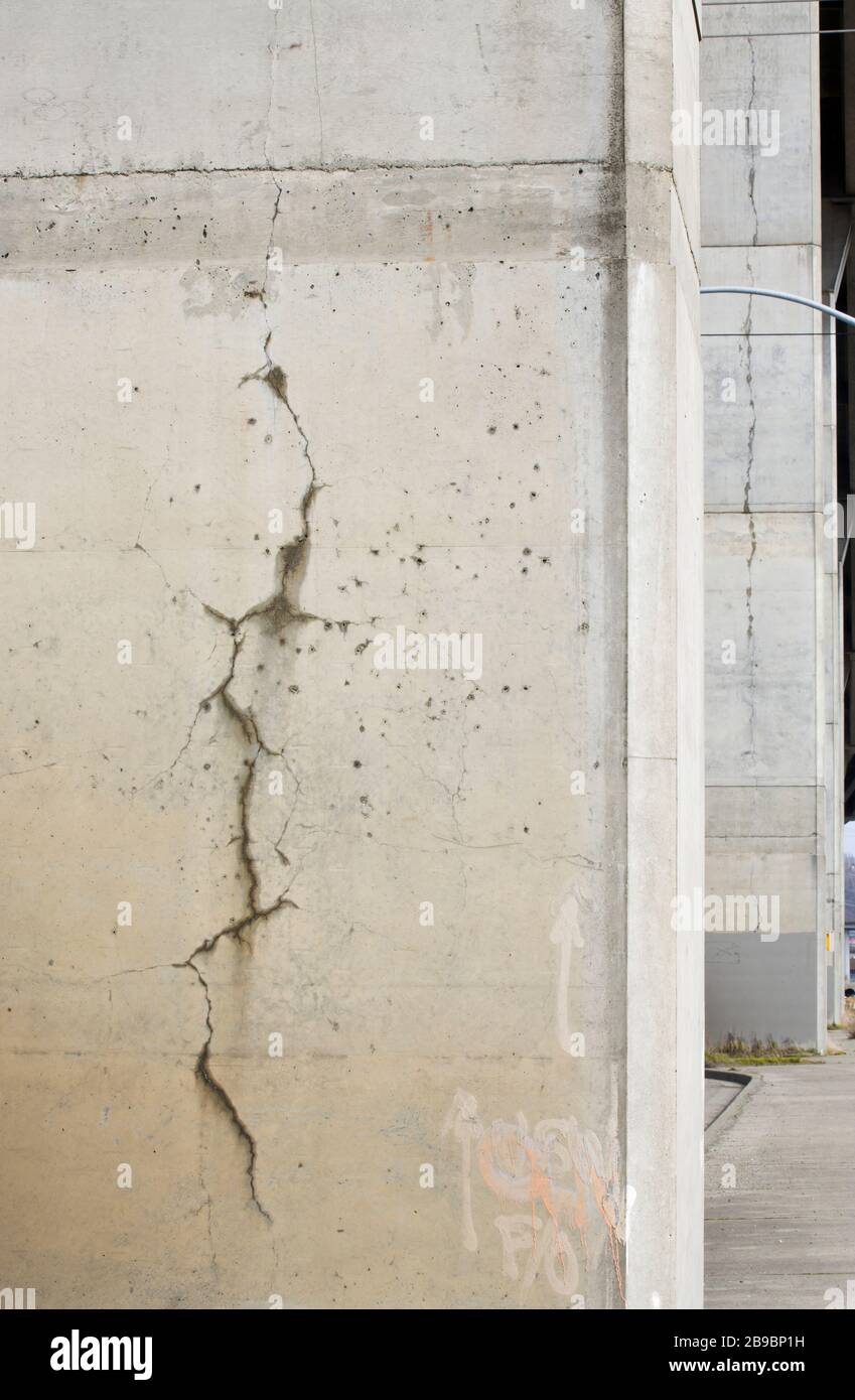 A crack in a support column of the West Seattle Freeway bridge, Seattle ...