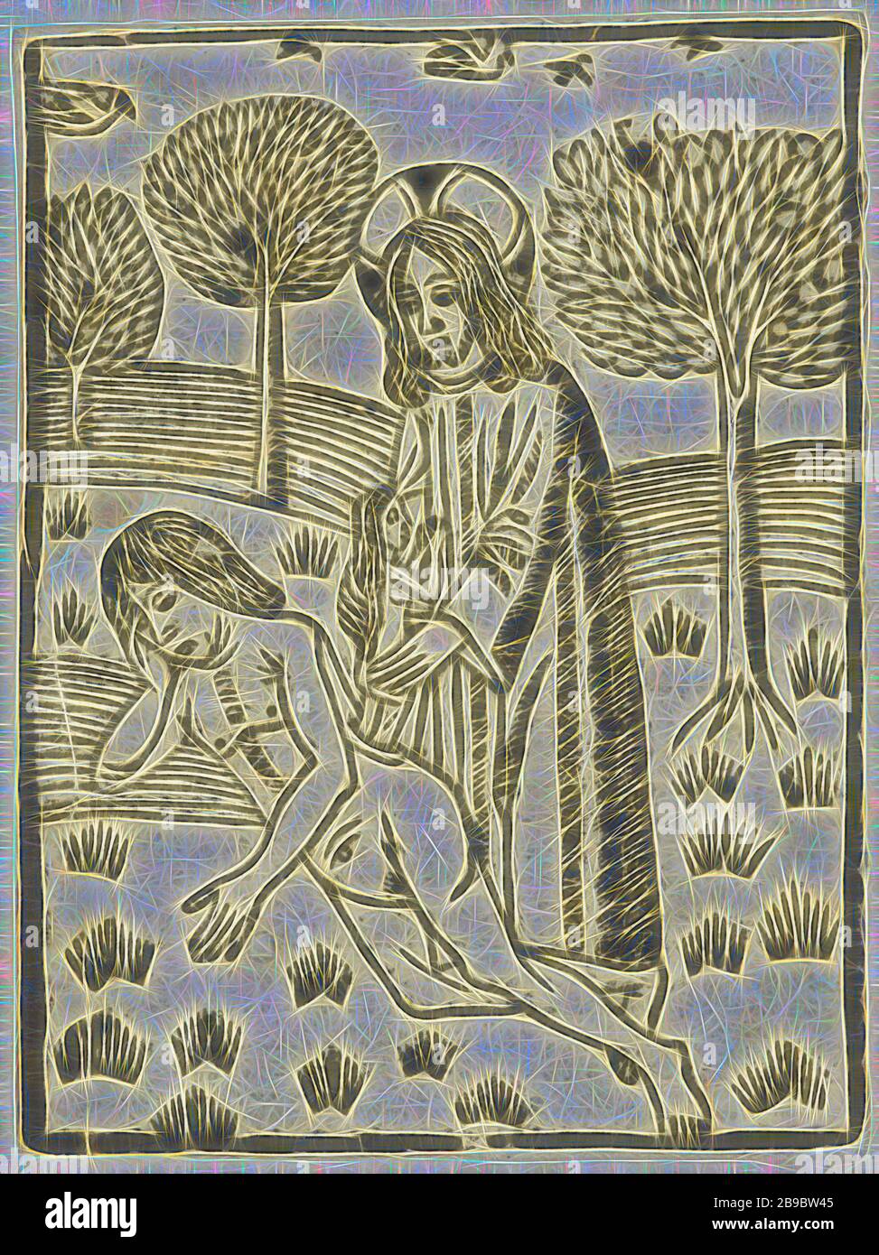 The Creation of Eve, Page from a book. God takes Eve from Rib sleeping ...