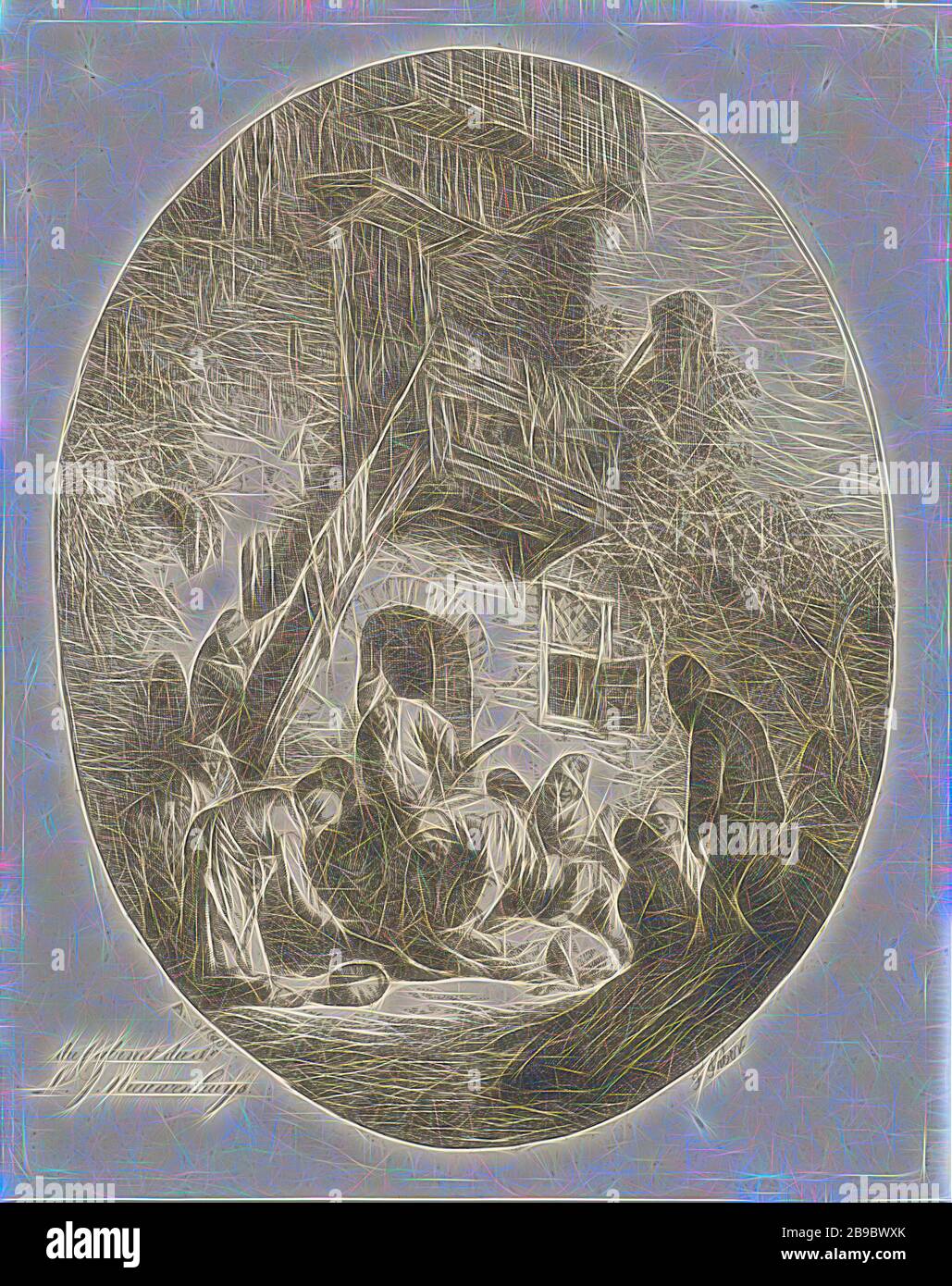 Slaughter scene, In front of a house, a group of people watch the ...