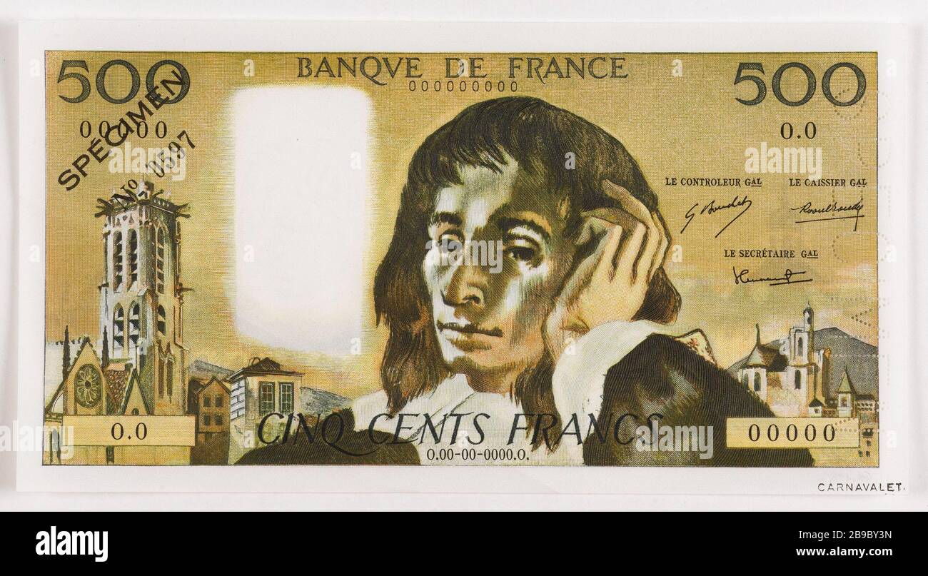 500 franc note, like Pascal in 1968, Specimen of the Bank of France, No ...