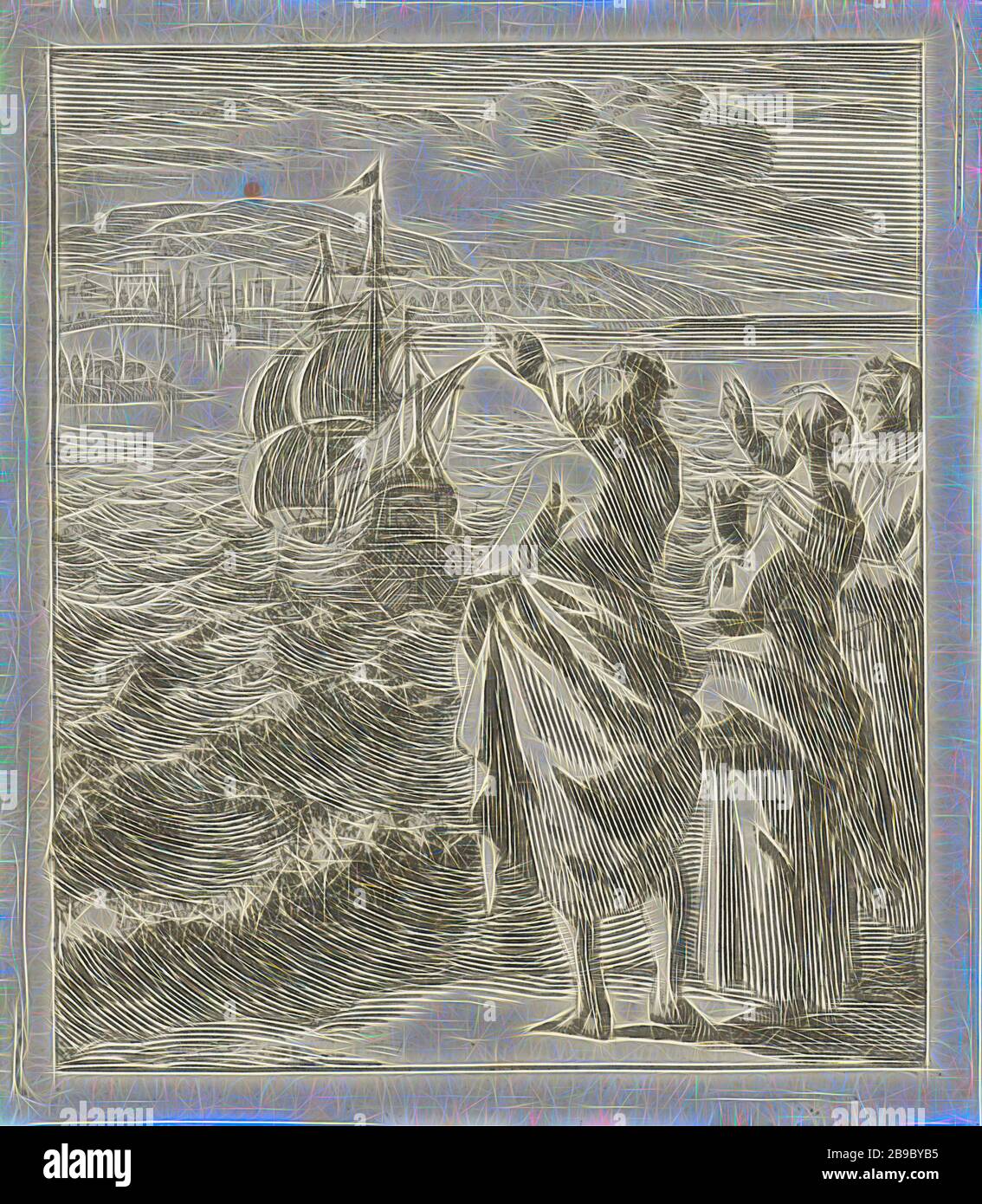 Three figures wave goodbye to a sailing ship On the other side, it is ...