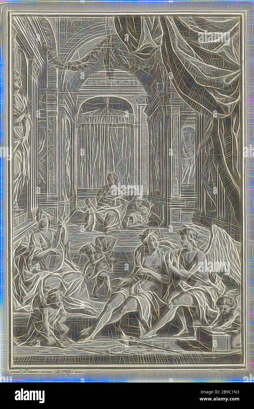 Allegorical figures in a temple, An angel, three putti and two honored women are sitting in a ...
