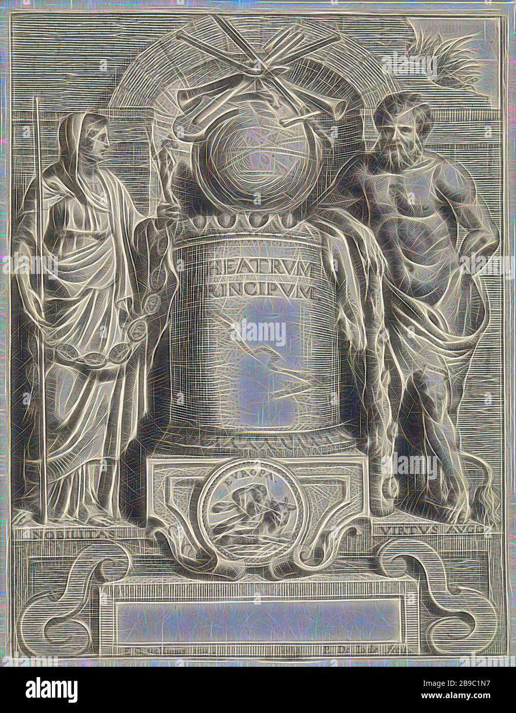 Title print with Hercules and personification of History. Latin on a ...