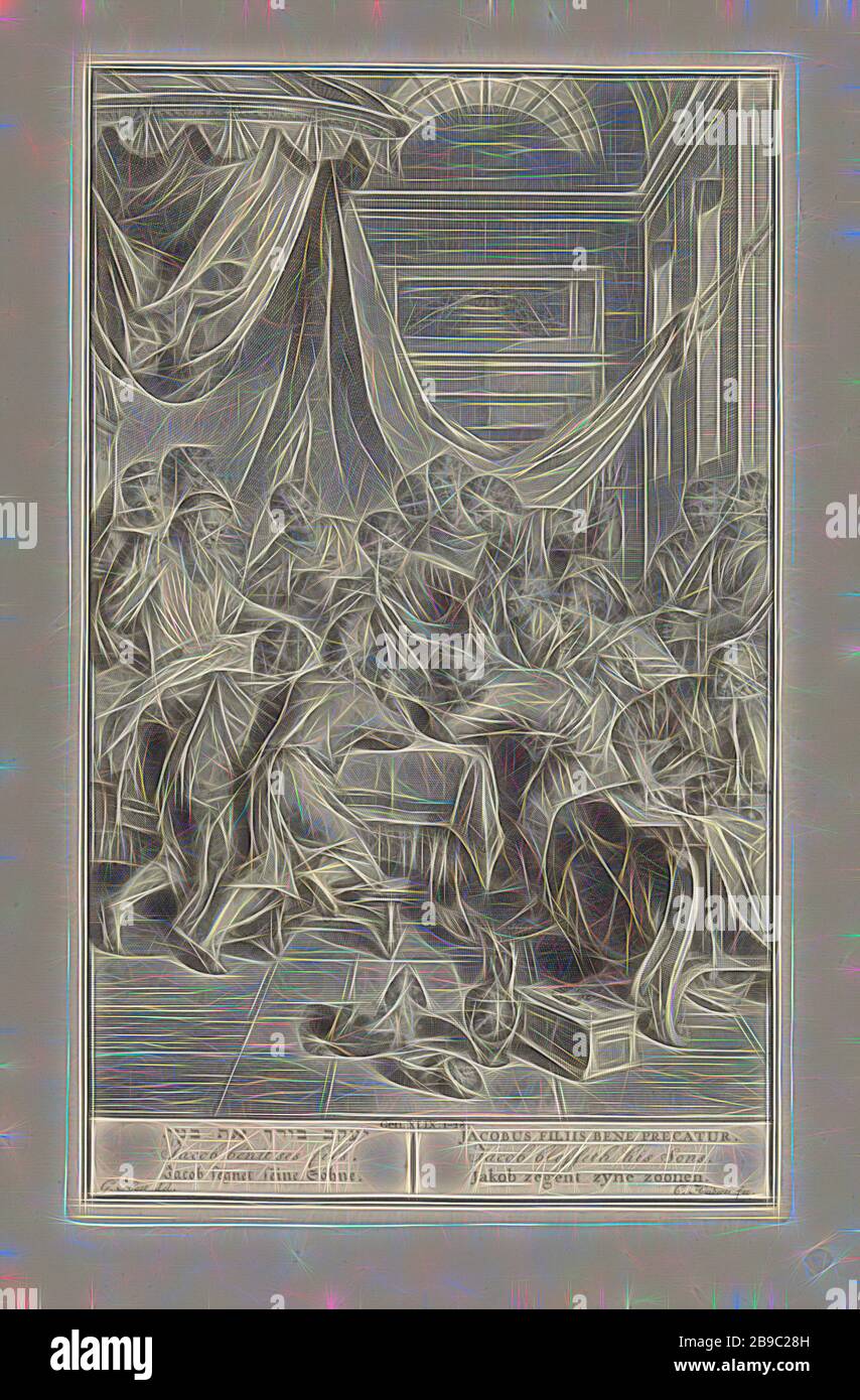 Jacob blesses his sons, Jacob, in a bed under a canopy, makes a ...