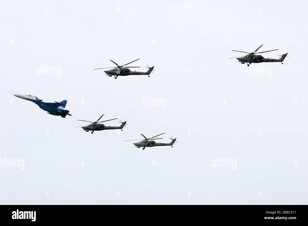 Mil Mi-28N helicopters in formation with a Su-30SM of the Russian Air ...