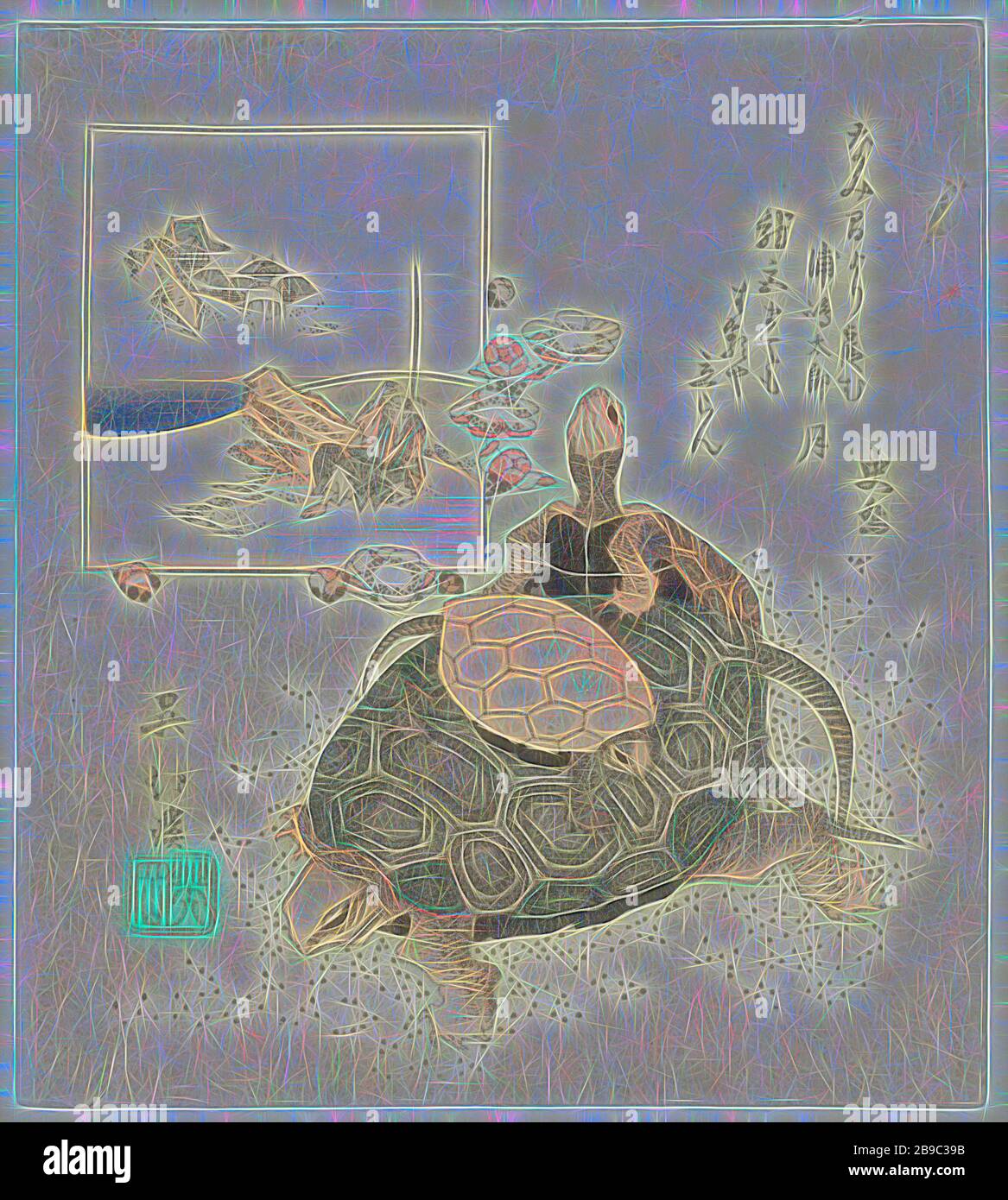 Turtles, A large turtle with a young turtle on its back, a third trying ...
