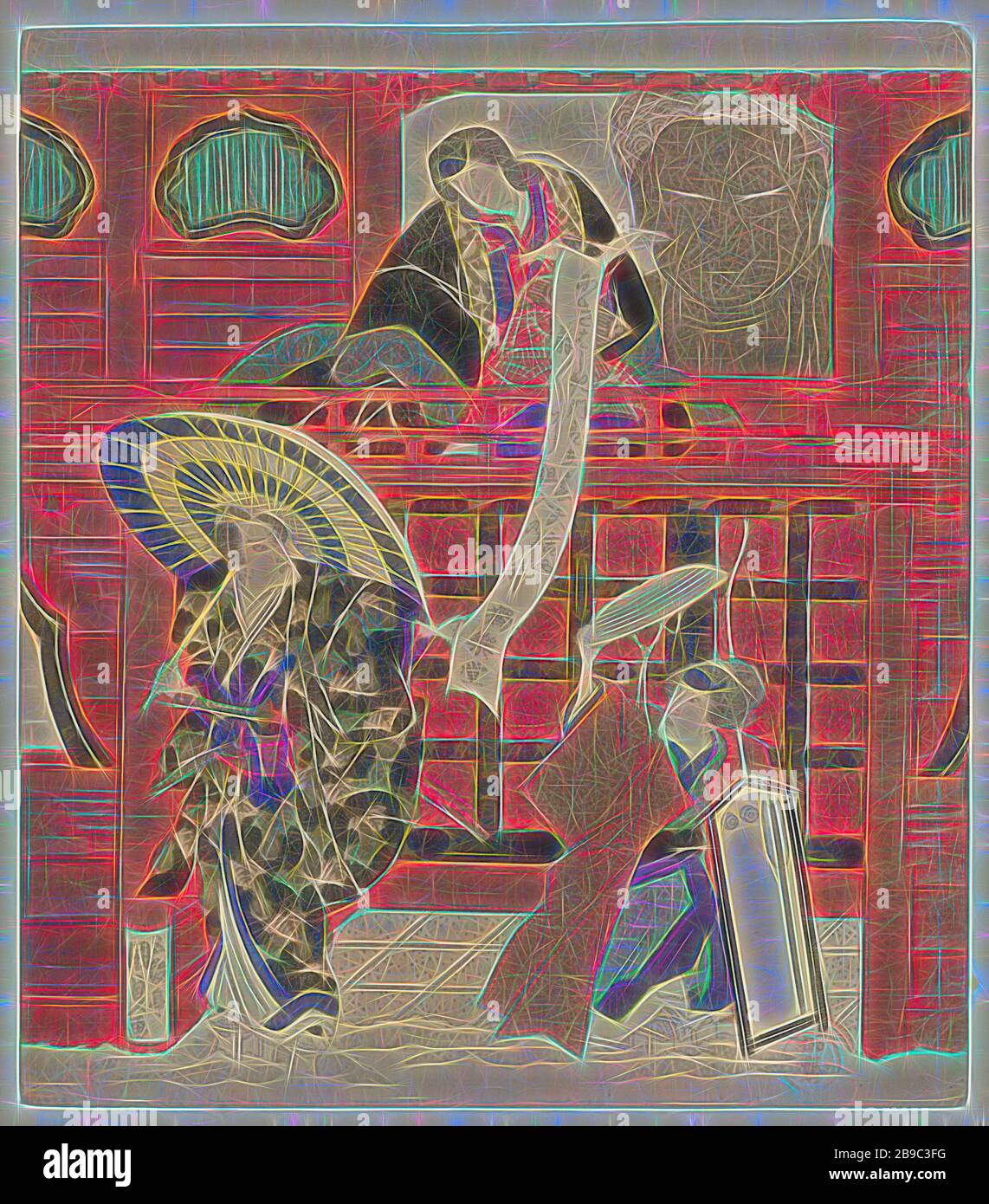 Three actors at a temple gate, A snow scene in front of a temple with a ...