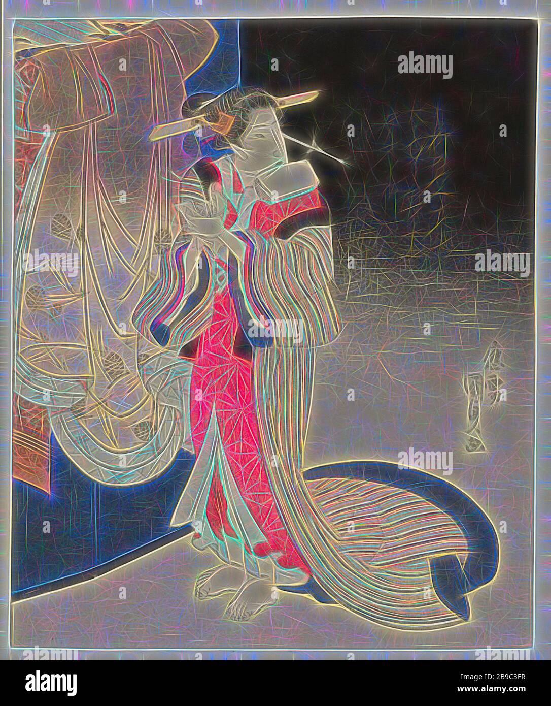 Courtesan prepares for the night, A courtesan dries her hands, behind ...