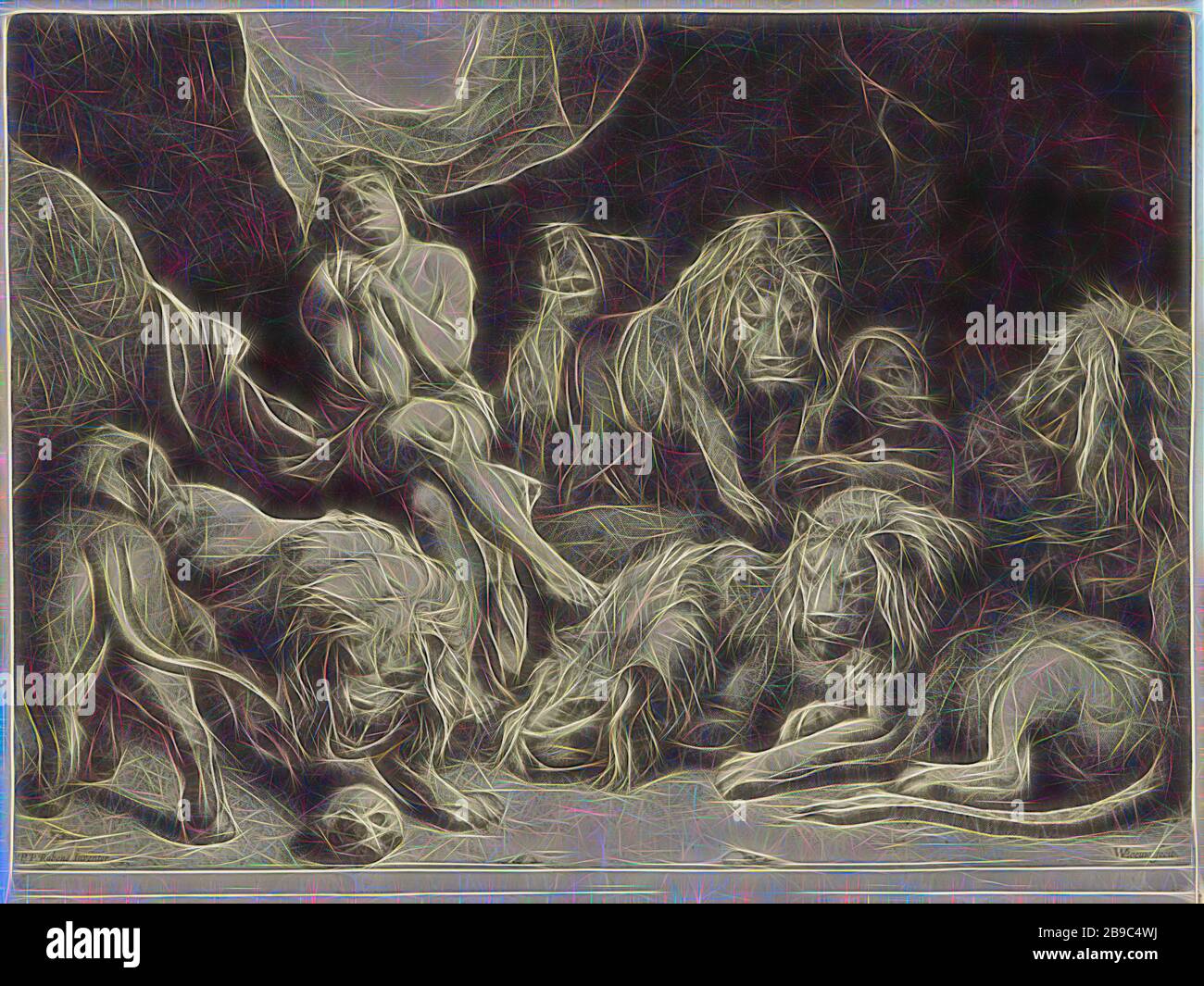 Daniel in the lion's den, Surrounded by lions, Daniel sits with folded ...