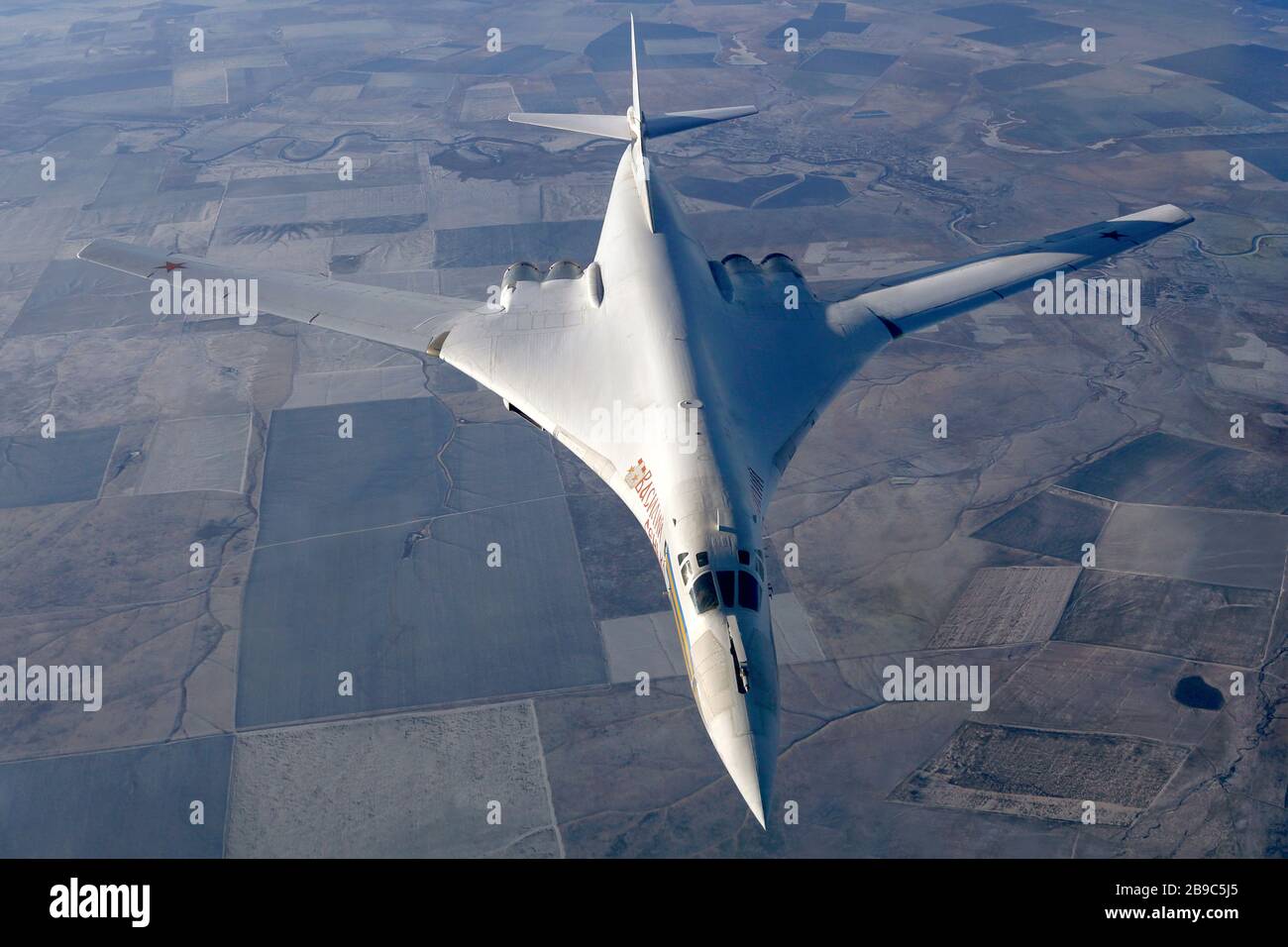 Tu-160M strategic bomber of the Russian Air Force flying over Russia ...