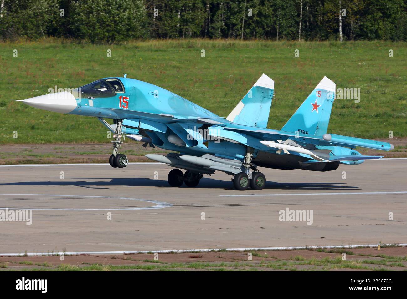 Su-34 jet fighter of the Russian Air Force landing on runway Stock ...