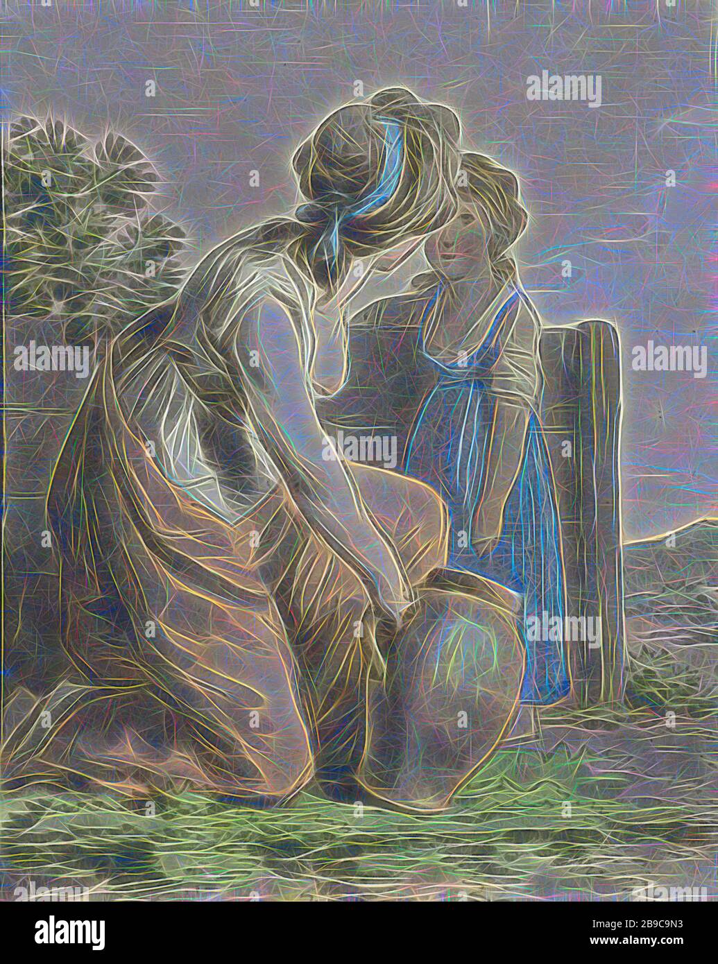 Squat woman talks to a standing girl, Squat woman with jug talks to a ...