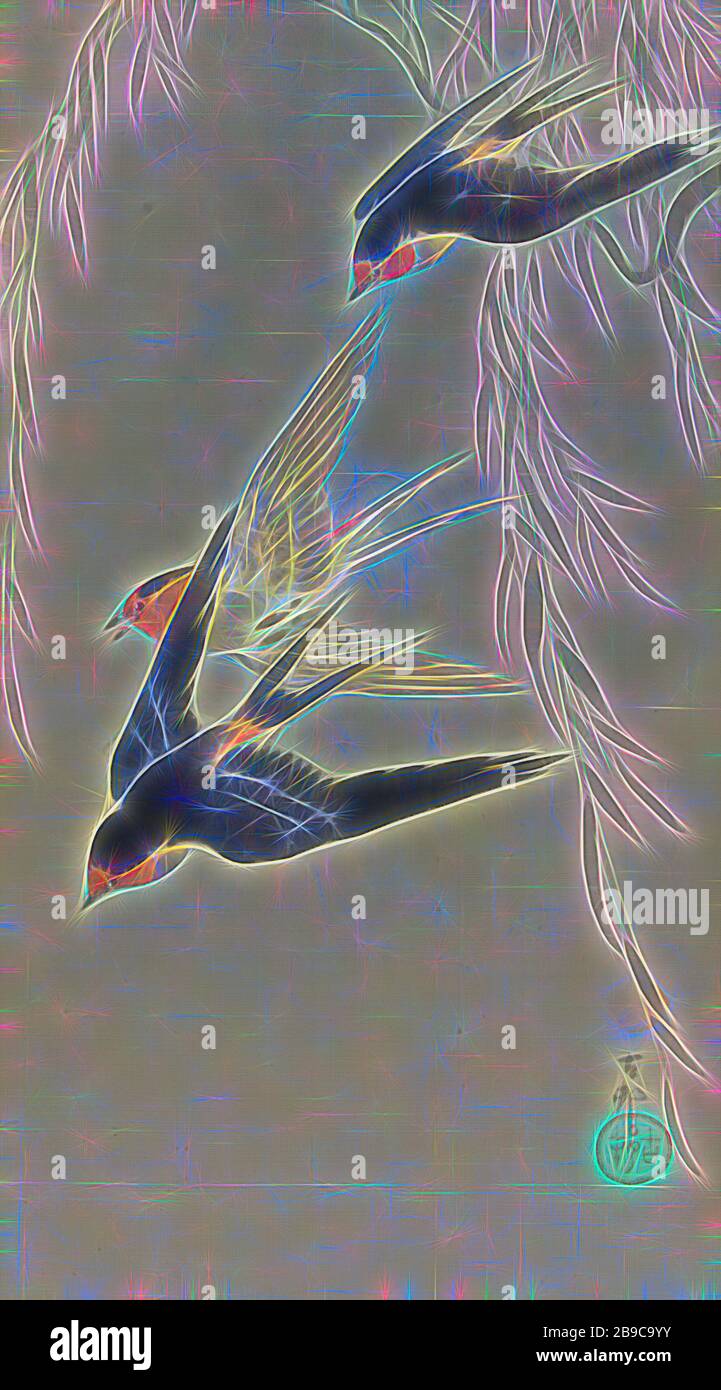 Three birds in full flight, design drawing for print., Ohara Koson ...