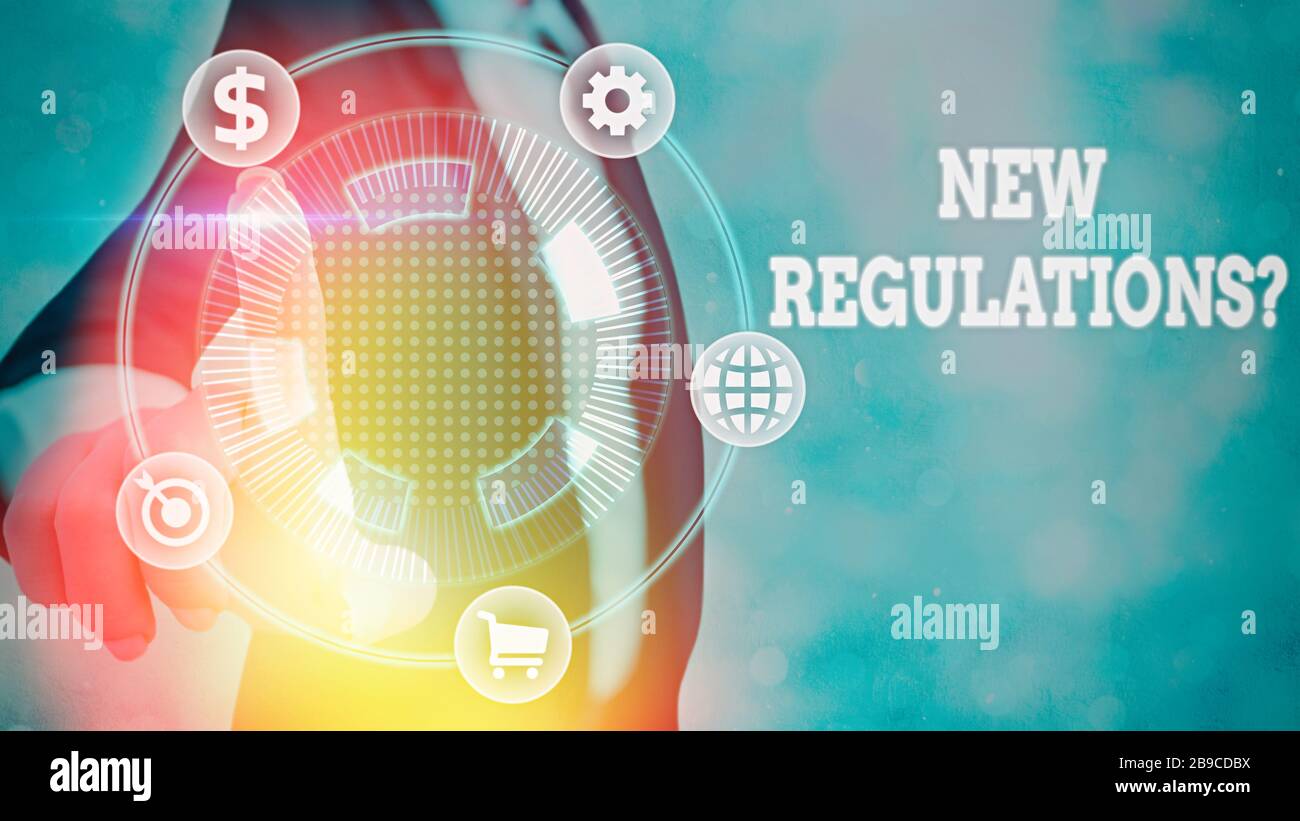 Writing note showing New Regulations Question. Business concept for ...