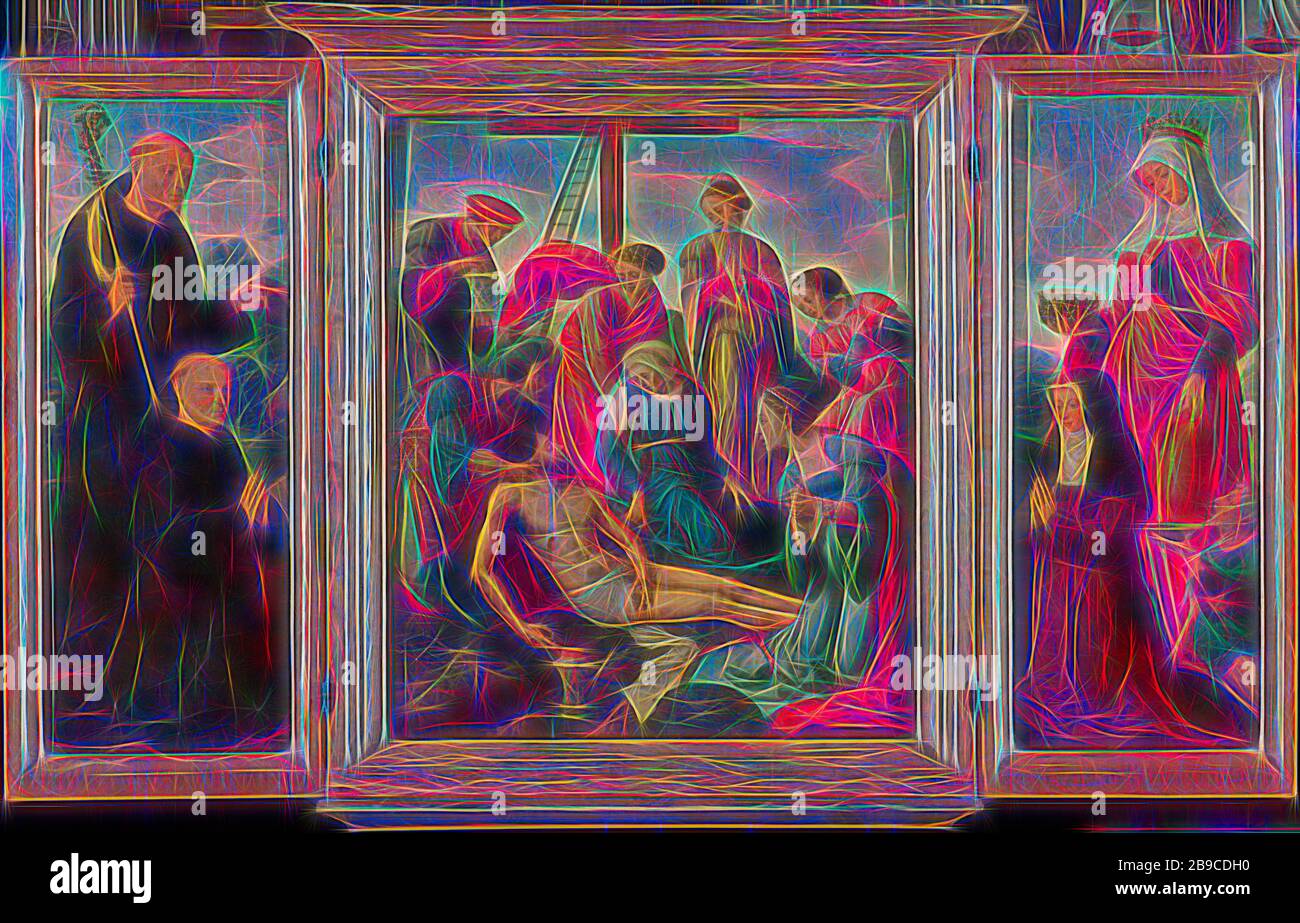 Triptych with the Lamentation of Christ (center), flanked by the male Donor with Saint Benedict ...