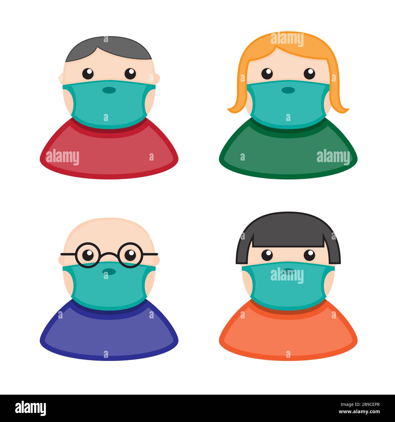 Icons of people in protective medical masks on a white isolated ...