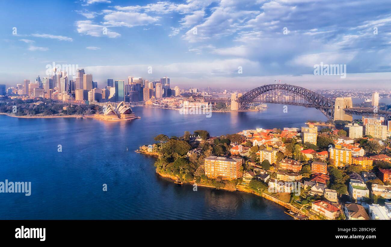 BLue water of Sydney harbour with major city landmarks on waterfront of ...