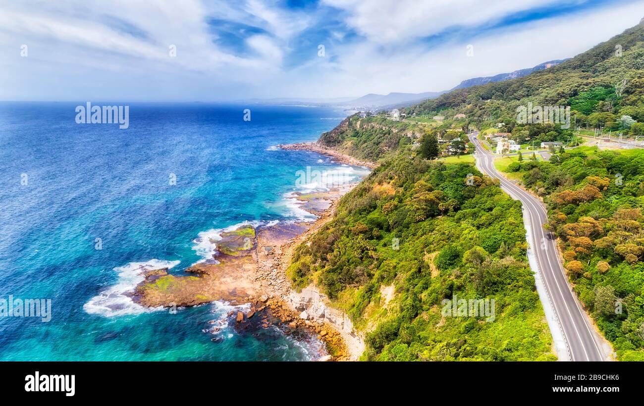 Scenic coast of Australia along Grand Pacific drive in elevated aerial ...