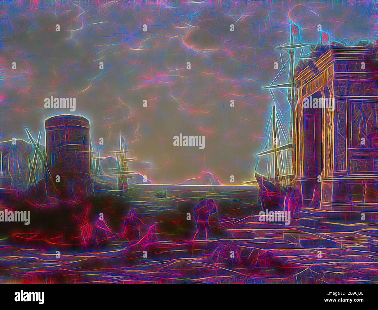 Harbor at Sunrise, An imaginary harbor at the crack of the day. On the ...