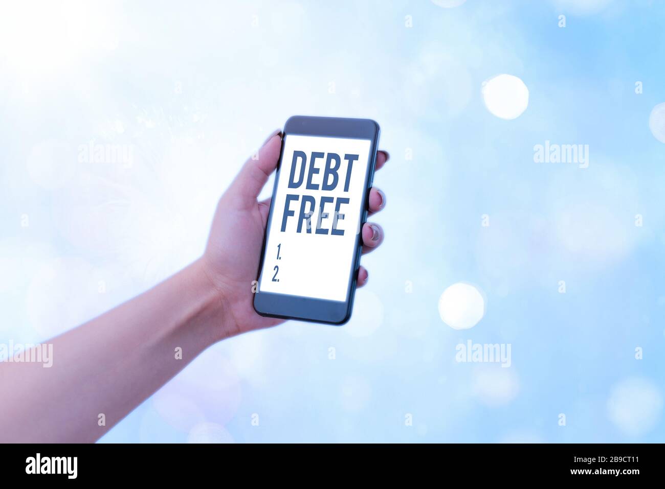 Text sign showing Debt Free. Business photo text does not owning any money to any individual or ...