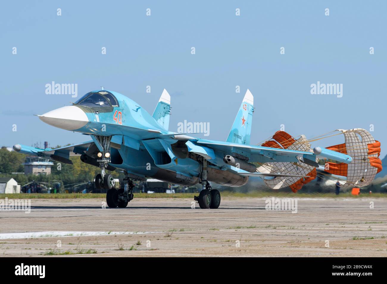 Russian Aerospace Forces Su-34 fighter-bomber deploying its drag chute ...