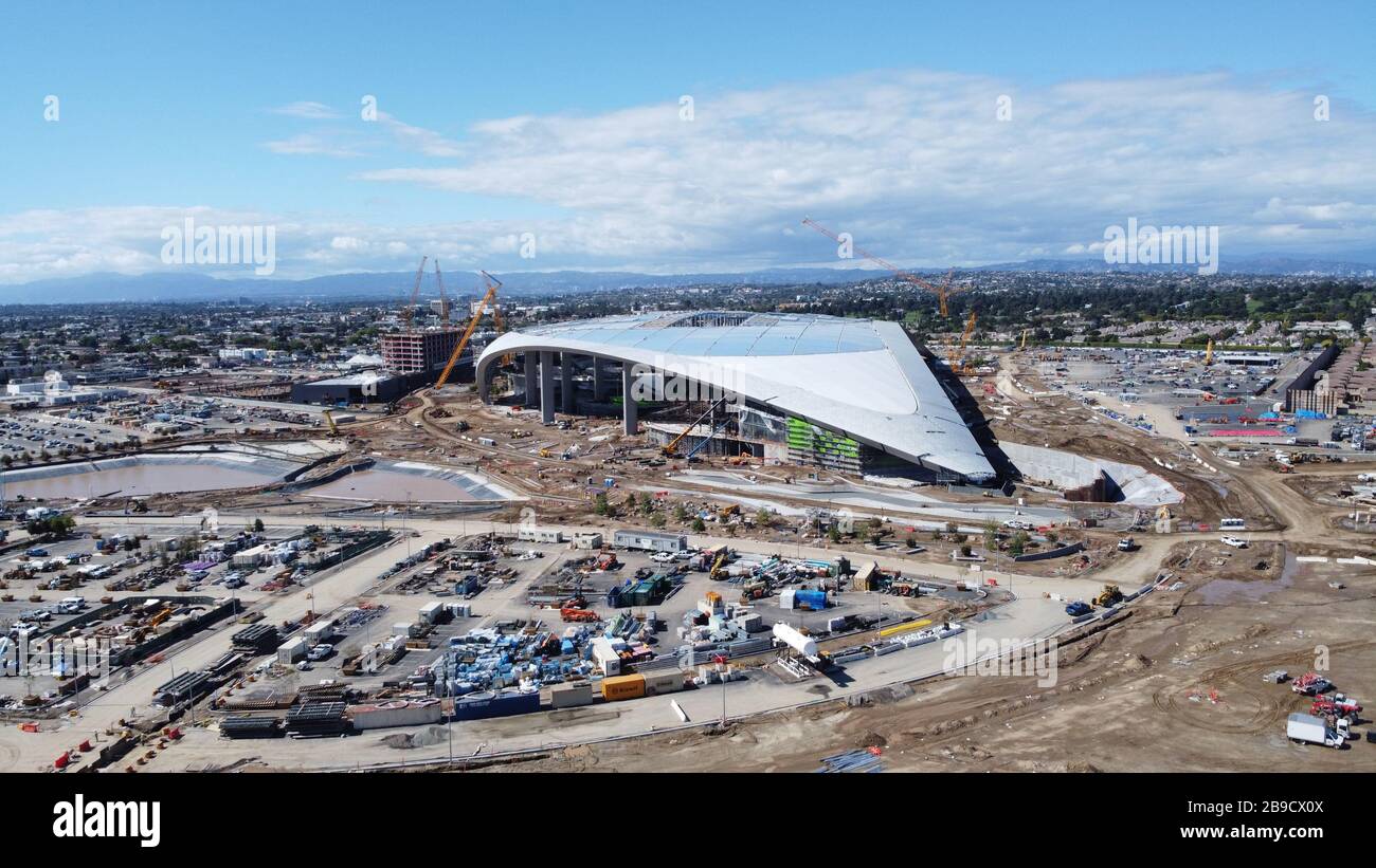 General overall aerial view of the construction site of SoFi Stadium ...