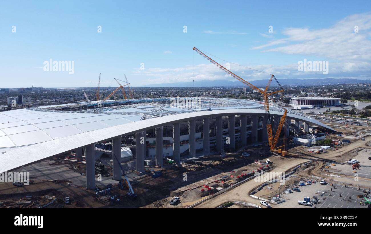 General overall aerial view of the construction site of SoFi Stadium ...