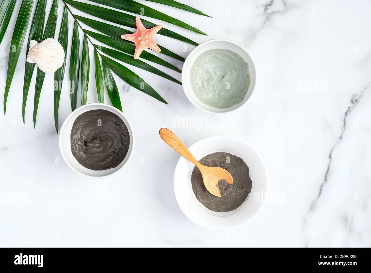 Facial clay mask and powder in bowls with tropical palm leaf on marble ...