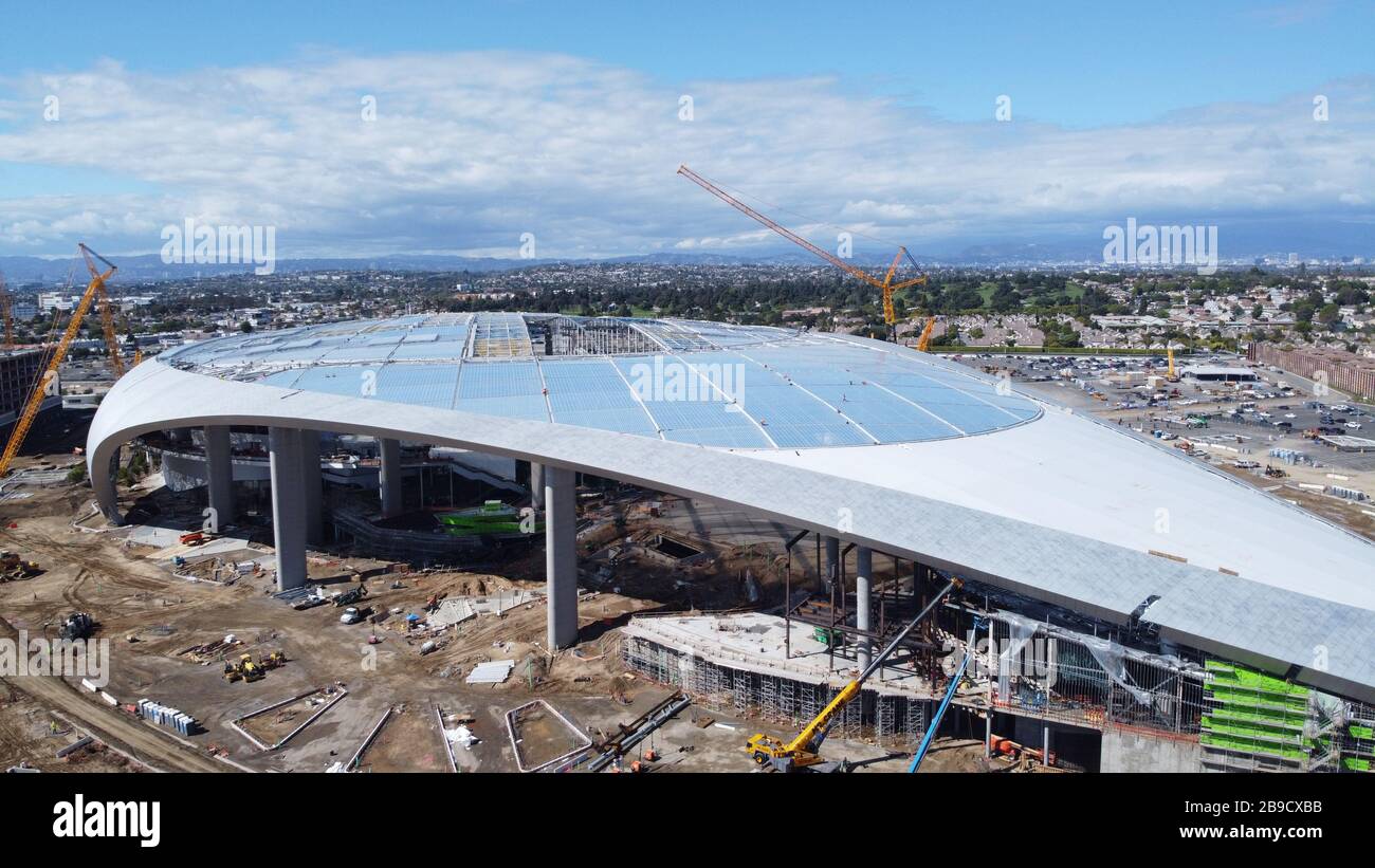General overall aerial view of the construction site of SoFi Stadium ...