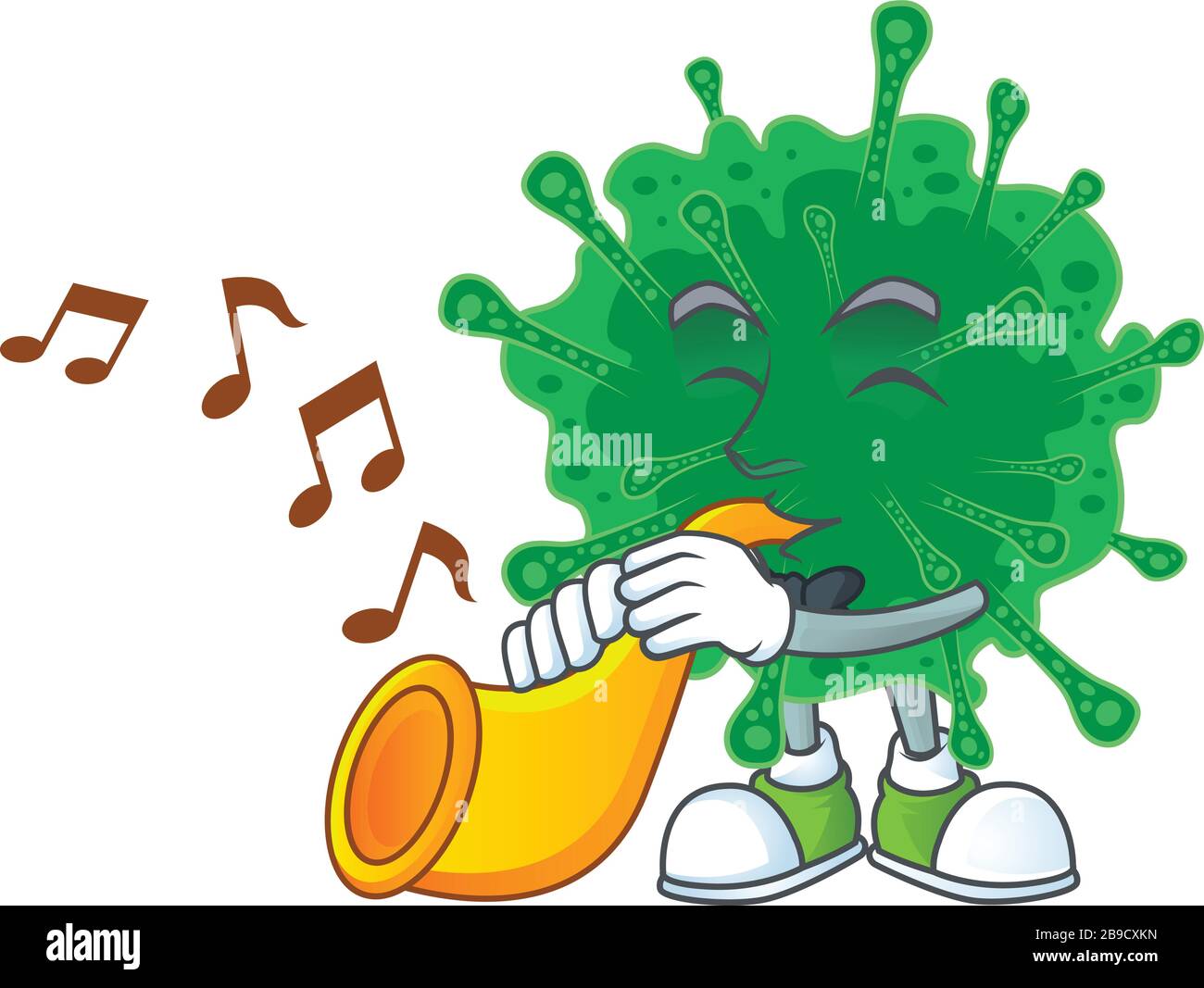 Coronavirus pneumonia cartoon character playing music with a trumpet ...