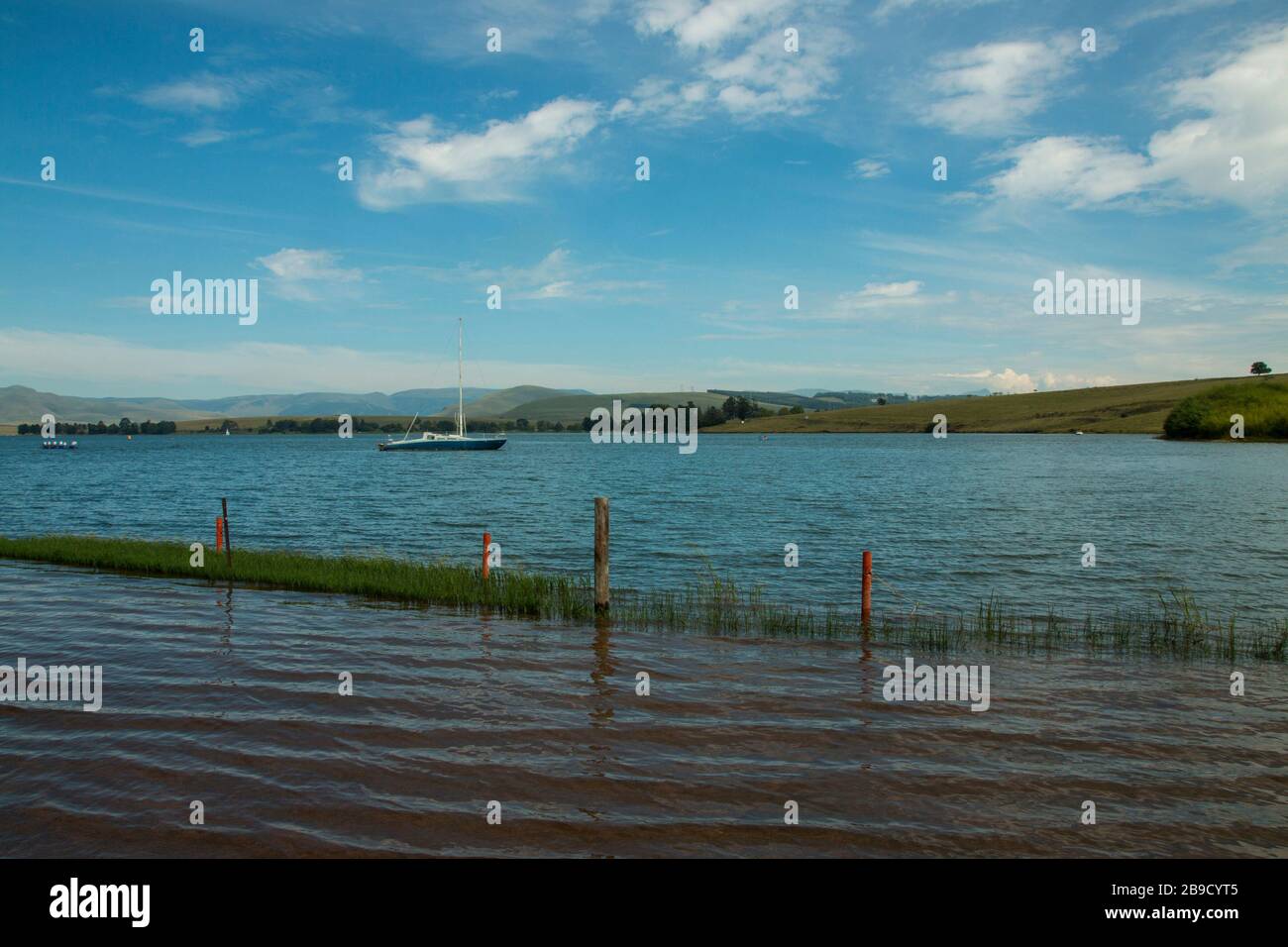 Yacht moored offshore on midmar dam at Howick, South Africa Stock Photo ...