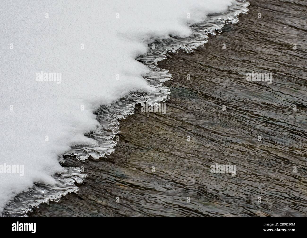 ice and snow over water stream on weir, landscape Stock Photo - Alamy