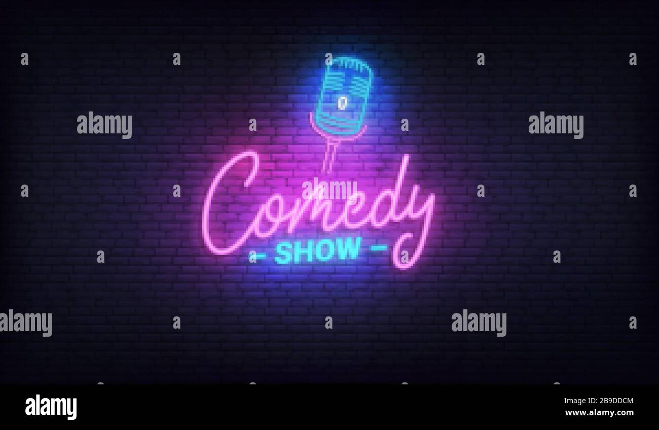 Comedy show neon template. Comedy lettering and glowing neon microphone ...