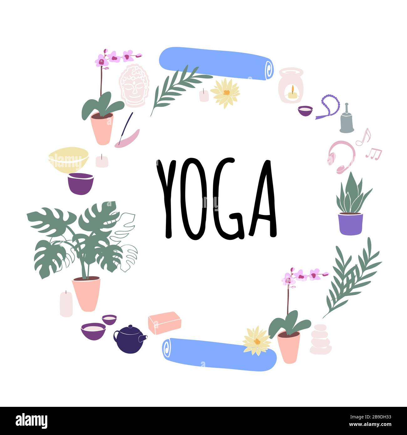 illustration wreath Yoga with candles, yoga mat, aroma lamp, orchid ...
