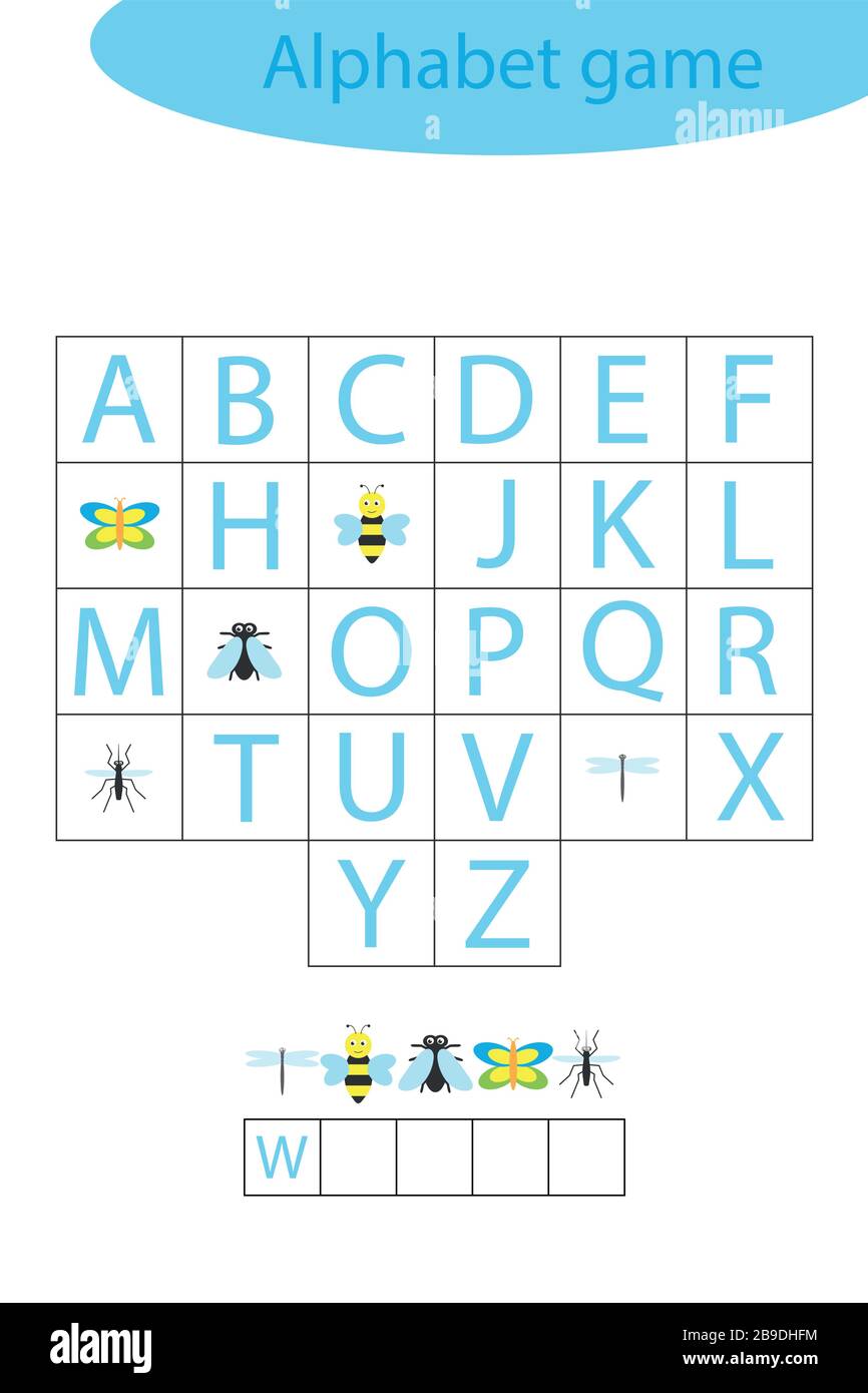 Insect alphabet game for children, make a word, preschool worksheet ...